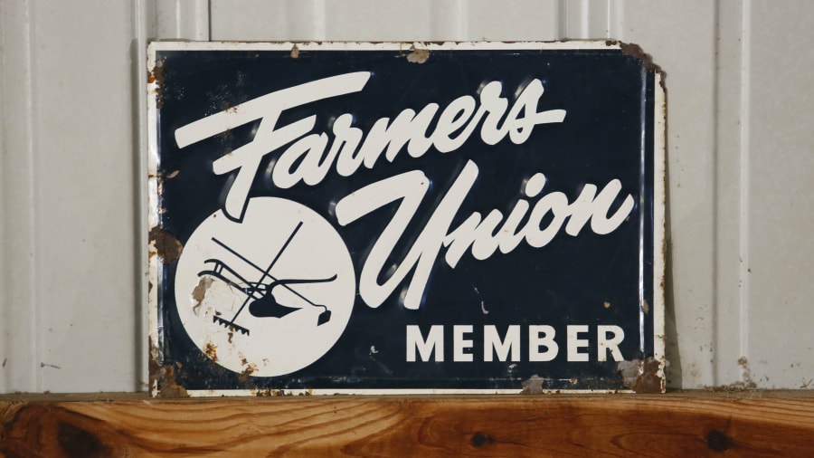 Farmers Union Single-Sided Embossed Tin Sign at Elmer's Auto & Toy ...