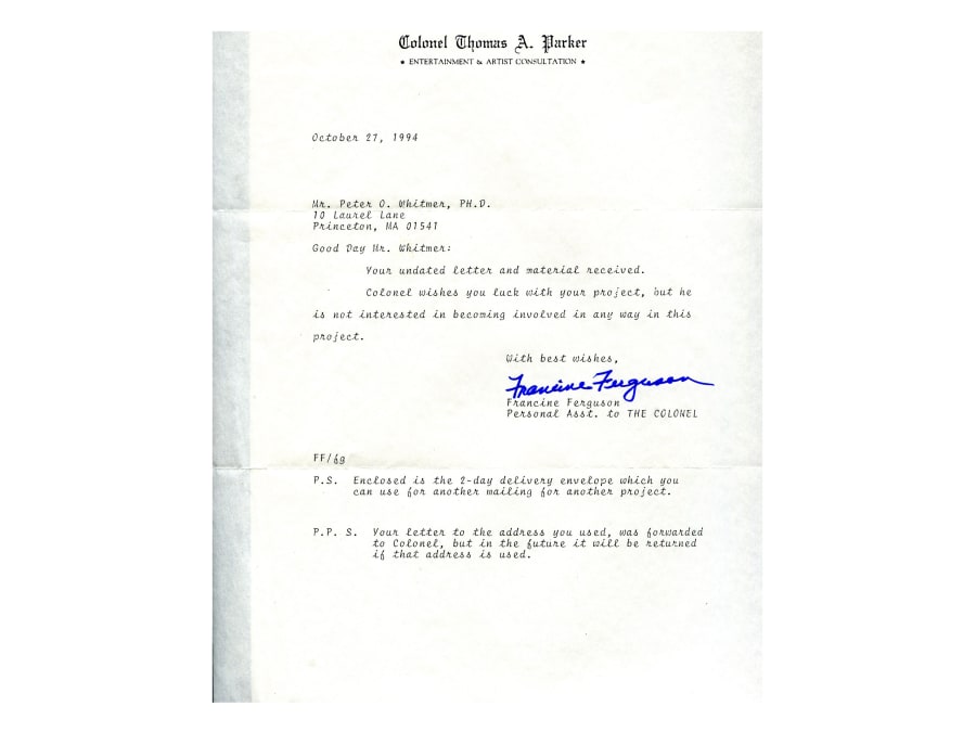 Col. Tom Parker Letter To Peter O. Whitmer at Santa Monica 2013 as J548 ...