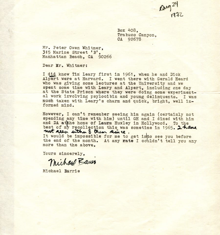 Michael Barrie Letter On Timothy Leary at Santa Monica 2013 as K513 ...