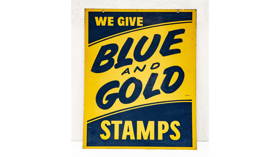 Blue And Gold Stamps Tin Sign, Double-Sided 24x30 for Sale at Auction ...