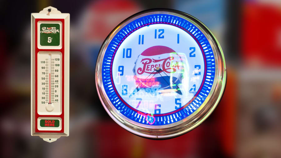 Pepsi Sign, Thermometer And Spinner Clock Lot of 4 at The Eddie Vannoy ...