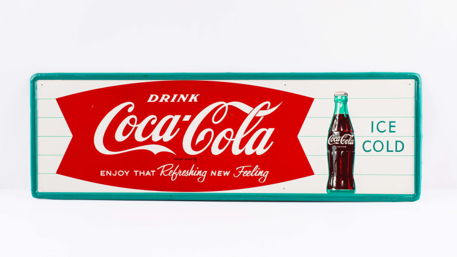 1950s Coca-Cola Horizontal Fishtail Sign With Bottle 54x18 at ...