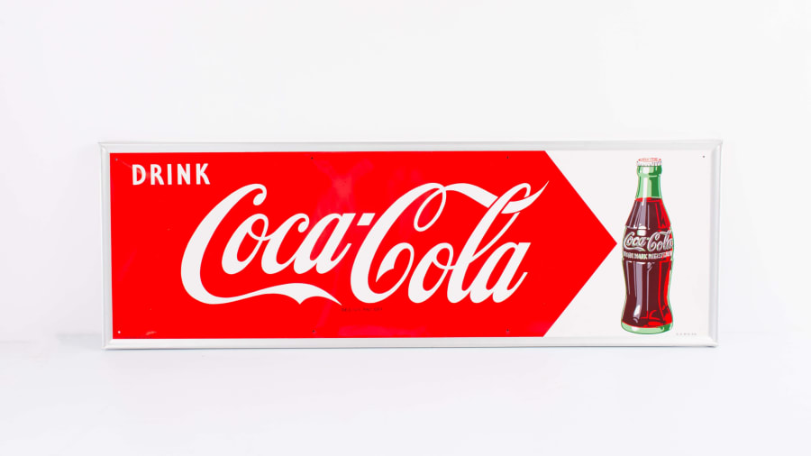 1950s NOS Coca-Cola Self-Framed Tin Sign With Red Arrow & Coke Bottle ...