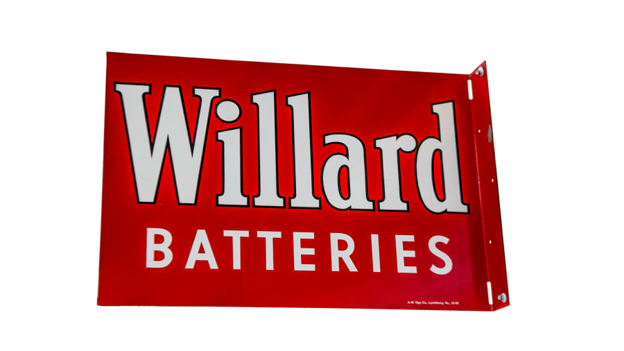 1955 Willard Batteries Double-Sided Tin Flange Sign at Indy Road Art ...