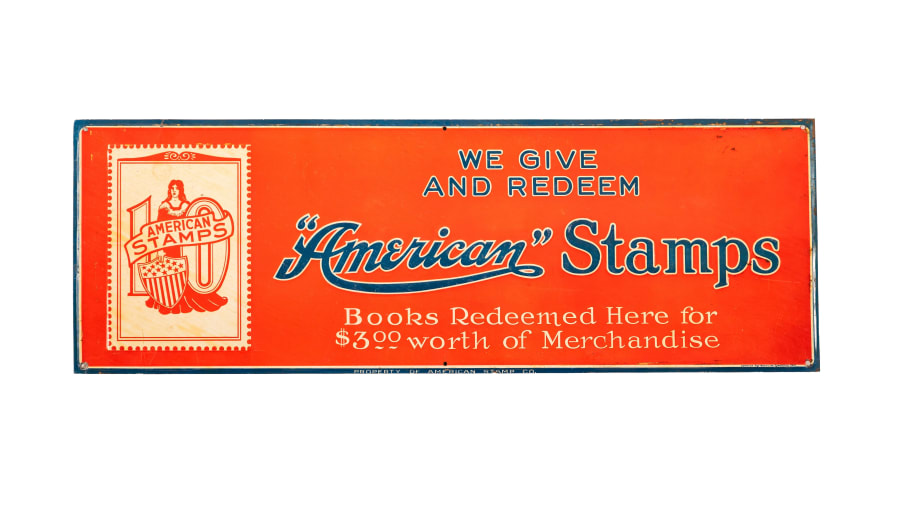 American Stamps Single-Sided Embossed Tin Sign at Indy Road Art 2022 as M269 - Mecum Auctions