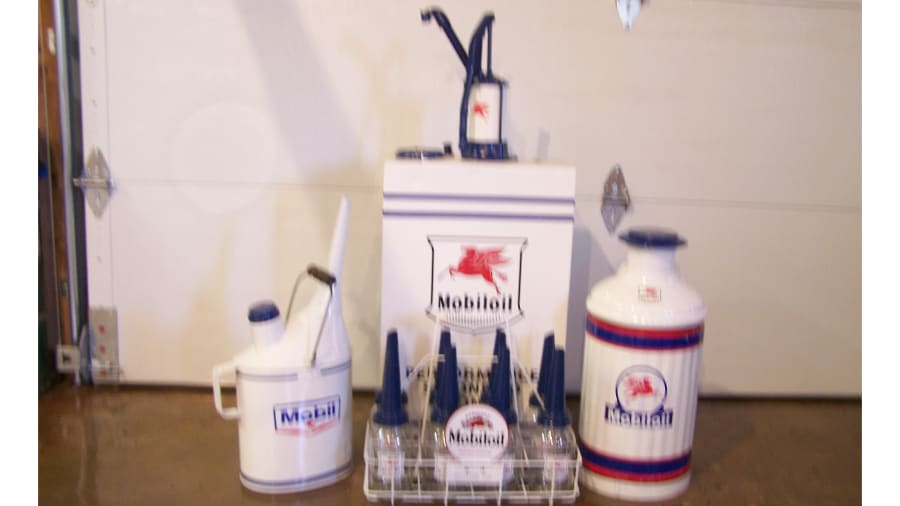 Mobil Oil Cans Lubester Oil Bottles In Rack Lot Of 4 at Indy 2016 as ...