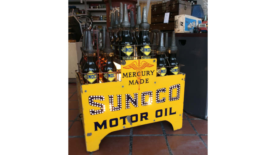 SUNOCO Mercury Made Oil Bottle Rack And Bottles 29x20 for sale at Indy ...
