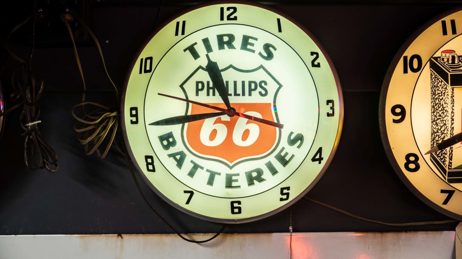 1950s-1960s Phillips 66 Tires & Batteries Lighted Double-Bubble Clock ...