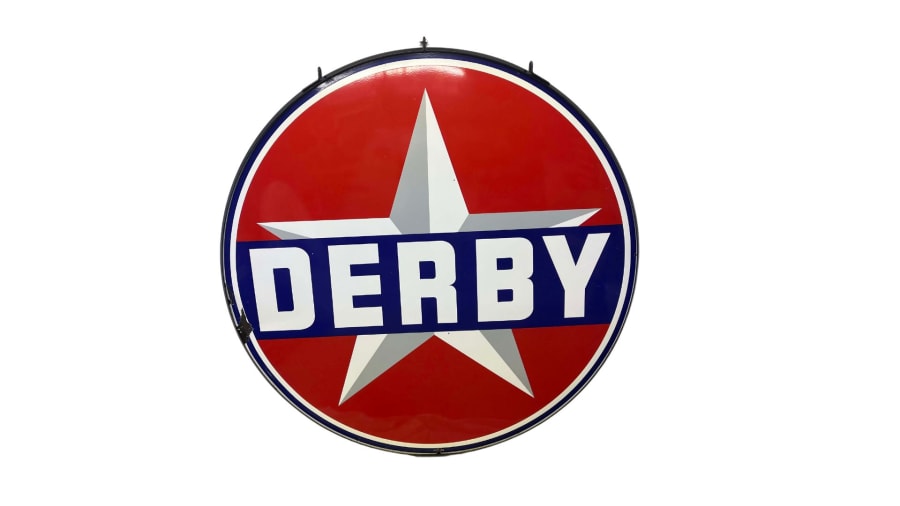 1959 Derby Gasoline Double-Sided Porcelain Sign for Sale at Auction ...