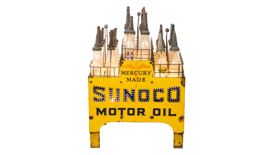 1930s Sunoco Motor Oil Porcelain Lighted Bottle Rack and Bottles for ...