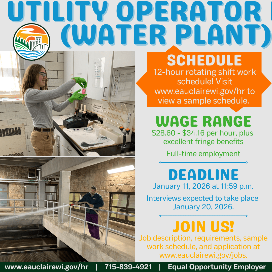 Utility Operator I (Water Plant) - Eau Claire Area Chamber of Commerce