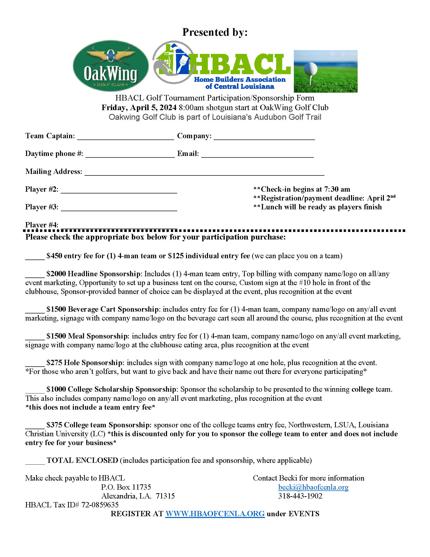 2024 HBACL Golf Tournament - Home Builders Association of Central Louisiana