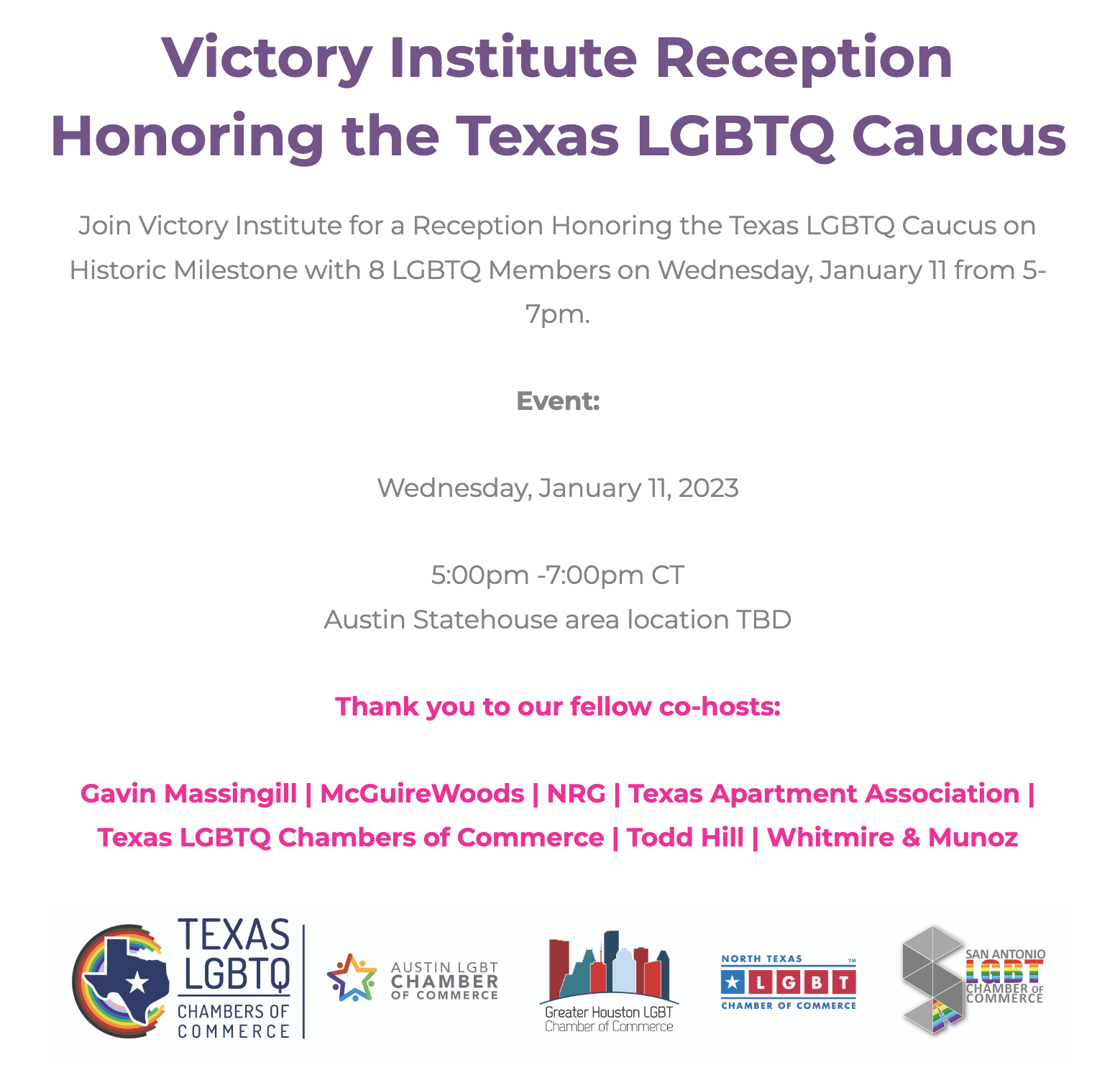 Victory Institute Reception Honoring the Texas LGBTQ Caucus - Greater ...