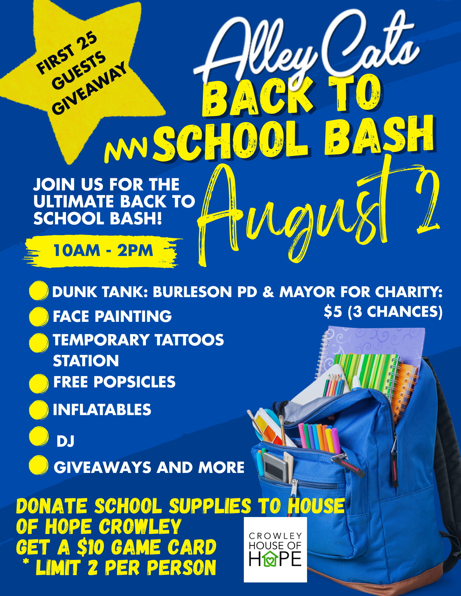 Alley Cats Burleson- Back 2 School Bash - Burleson Area Chamber of ...