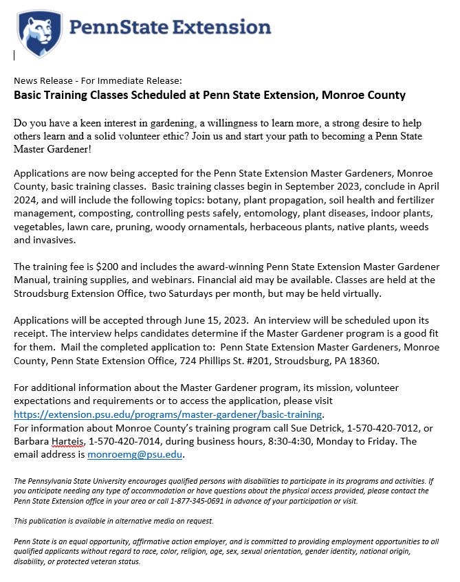 Basic Training Classes Scheduled at Penn State Extension, Monroe County ...