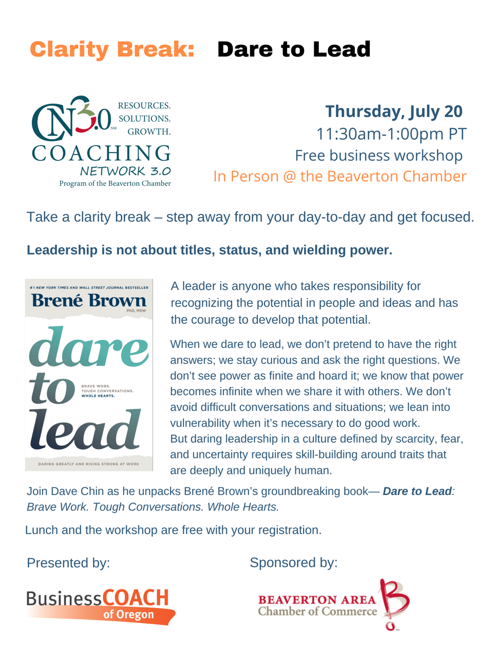 Coaching 3.0: Clarity Break Dare to Lead - Beaverton Area Chamber of ...