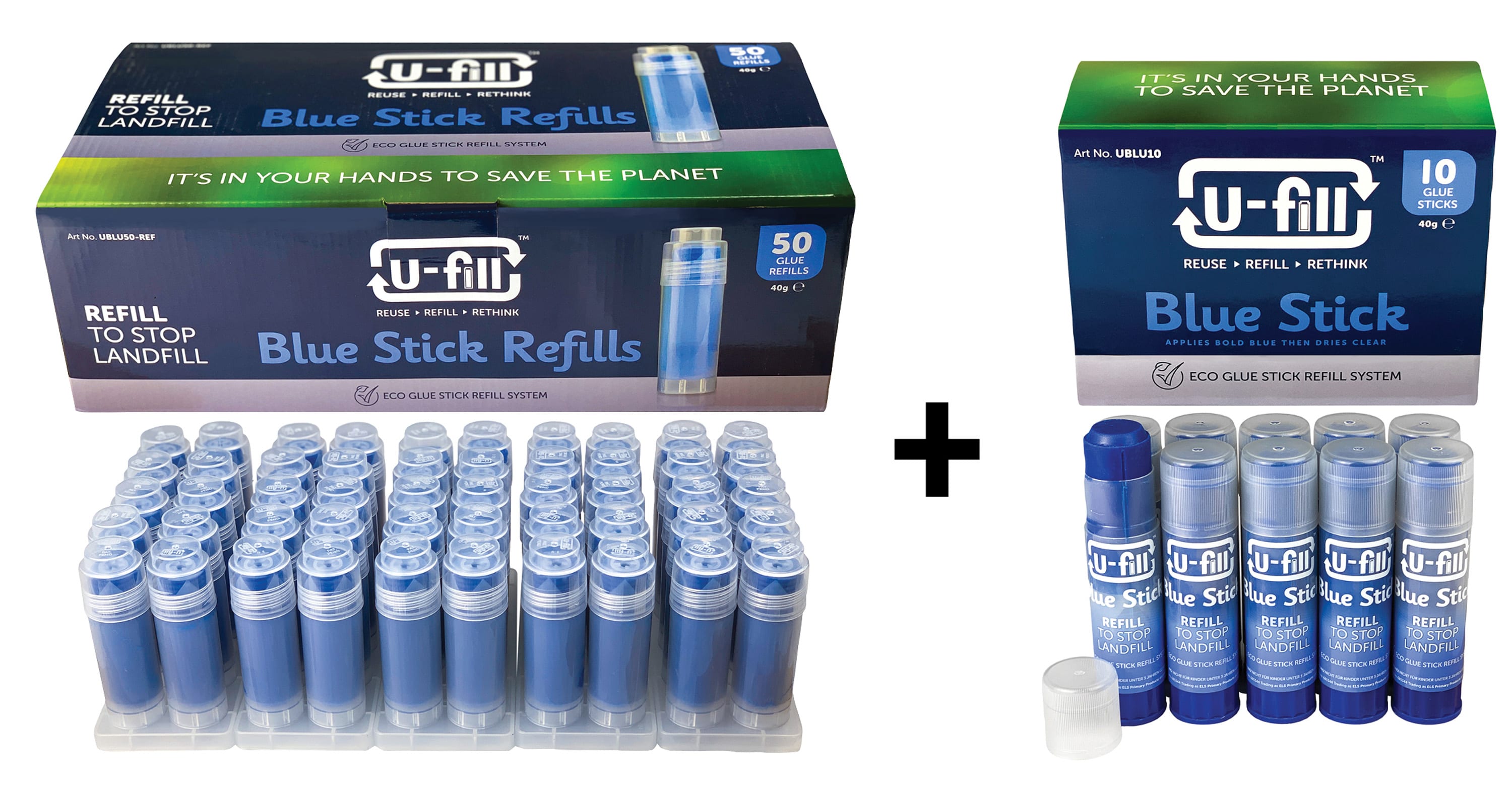 U-fill Blue stick refill, 50 stk + 10 stk stifter