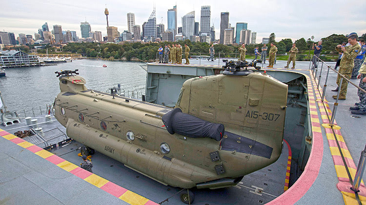 Foxtrot Chinooks undertake deck handling trials on board Navy LHD ...