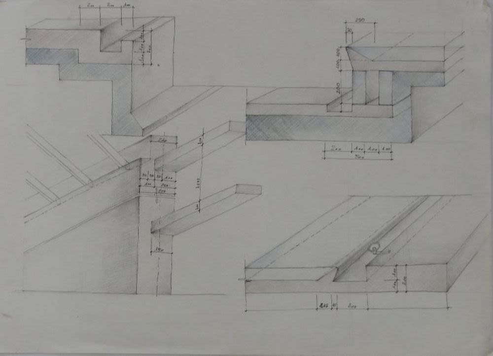 Detail drawing, pond, gutter and roof of service building, Wind and ...