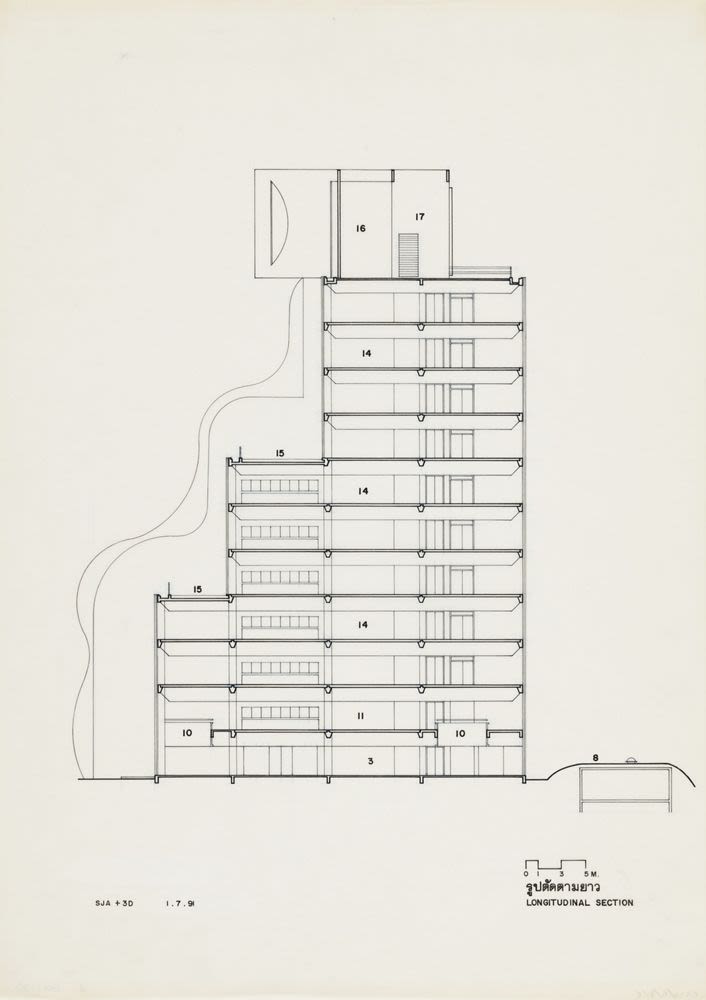 Longitudinal section, Nation Building (1988–1991), Bangkok, Thailand (1 ...