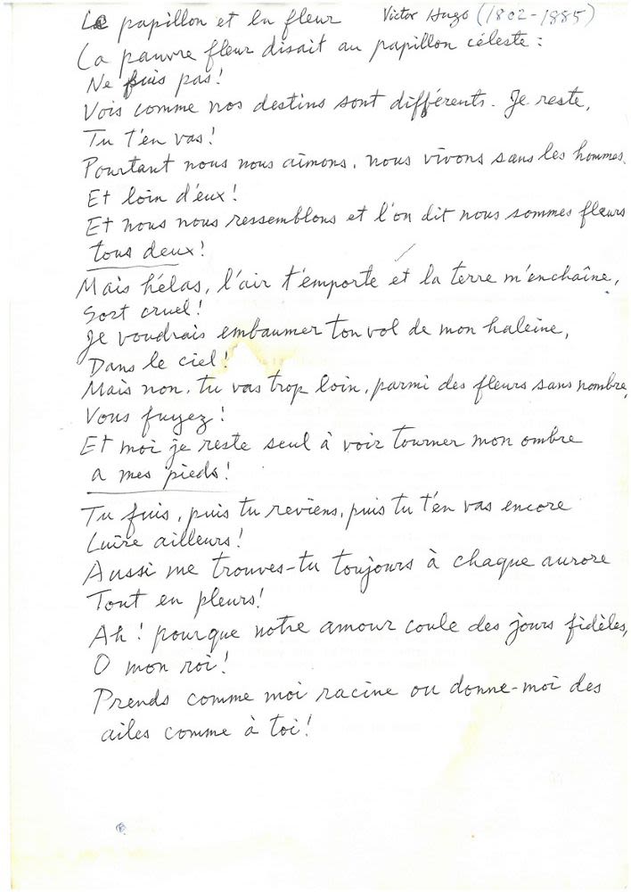 Transcription of poem, 'Le papillon et la fleur', by Victor Hugo ...