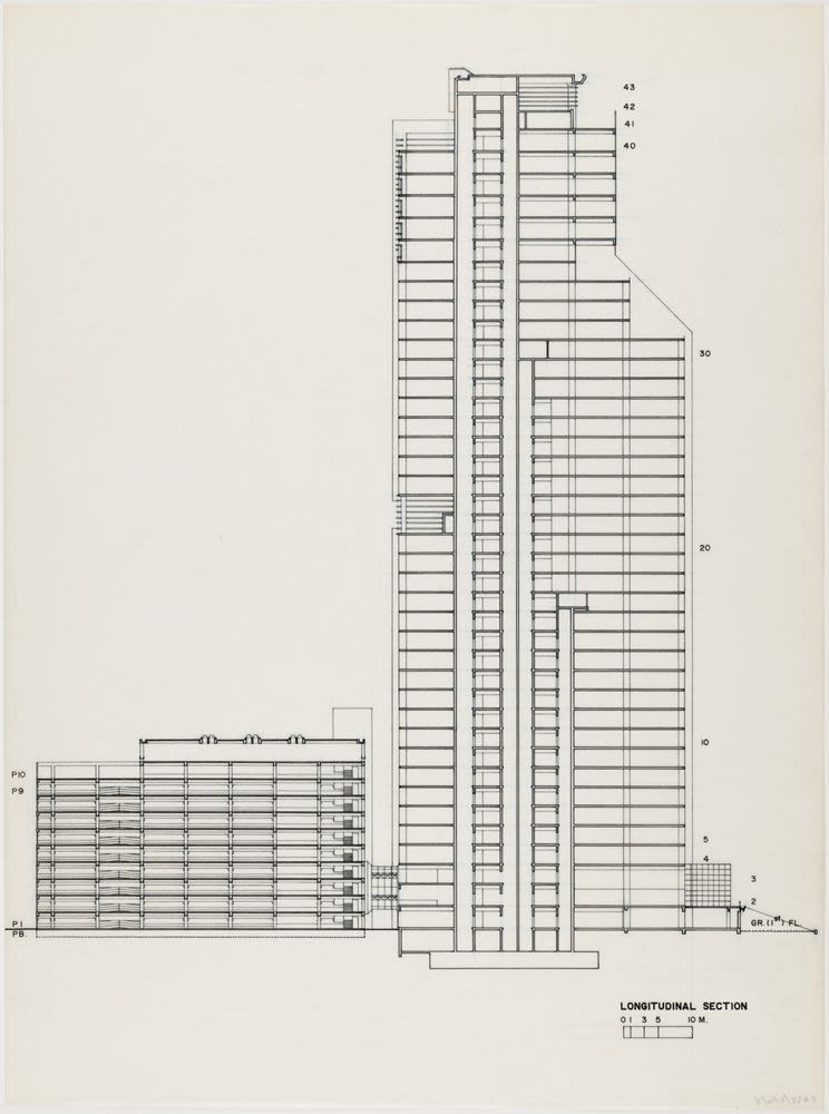 Longitudinal section, Nation Tower (now Interlink Tower) (1989–1995), Bangkok, Thailand ([circa ...