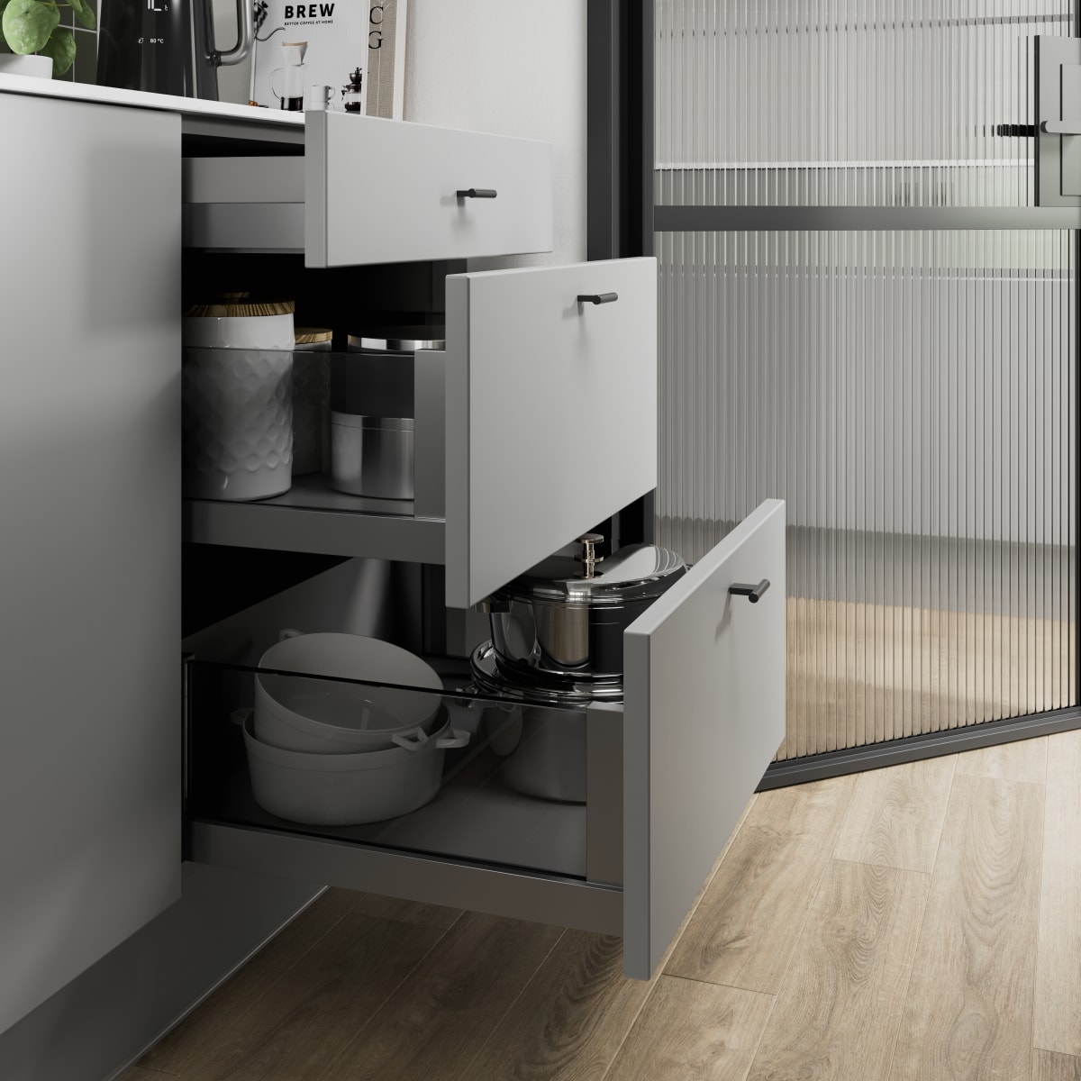 Contour Ermine Kitchen in Ash Grey & Athena Manhattan Oak | Wren