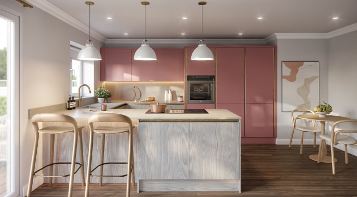 Milano Contour Ermine Kitchen in Bordeaux and Oslo Oak | Wren