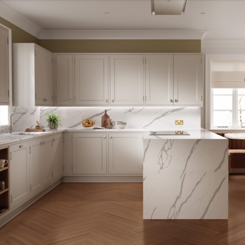 Shaker Chelsea Ermine Kitchen in Olive Green & Pillow | Wren Kitchens