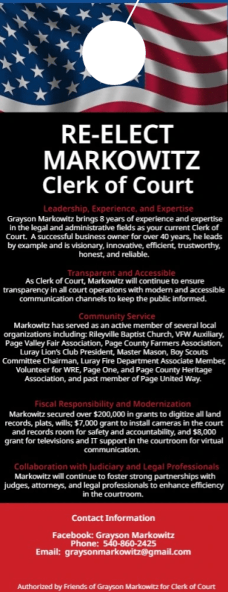 Markowitz for Clerk of Court Campaign Door Hanger