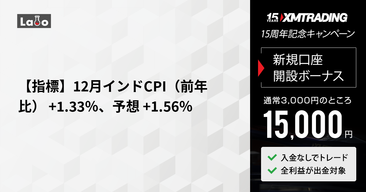 【指標】12月インドCPI（前年比） +1.33％、予想 +1.56％ | XMTrading Labo