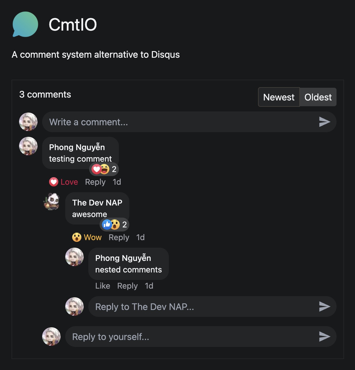 GitHub - napthedev/cmtio: A comment system alternative to Disqus