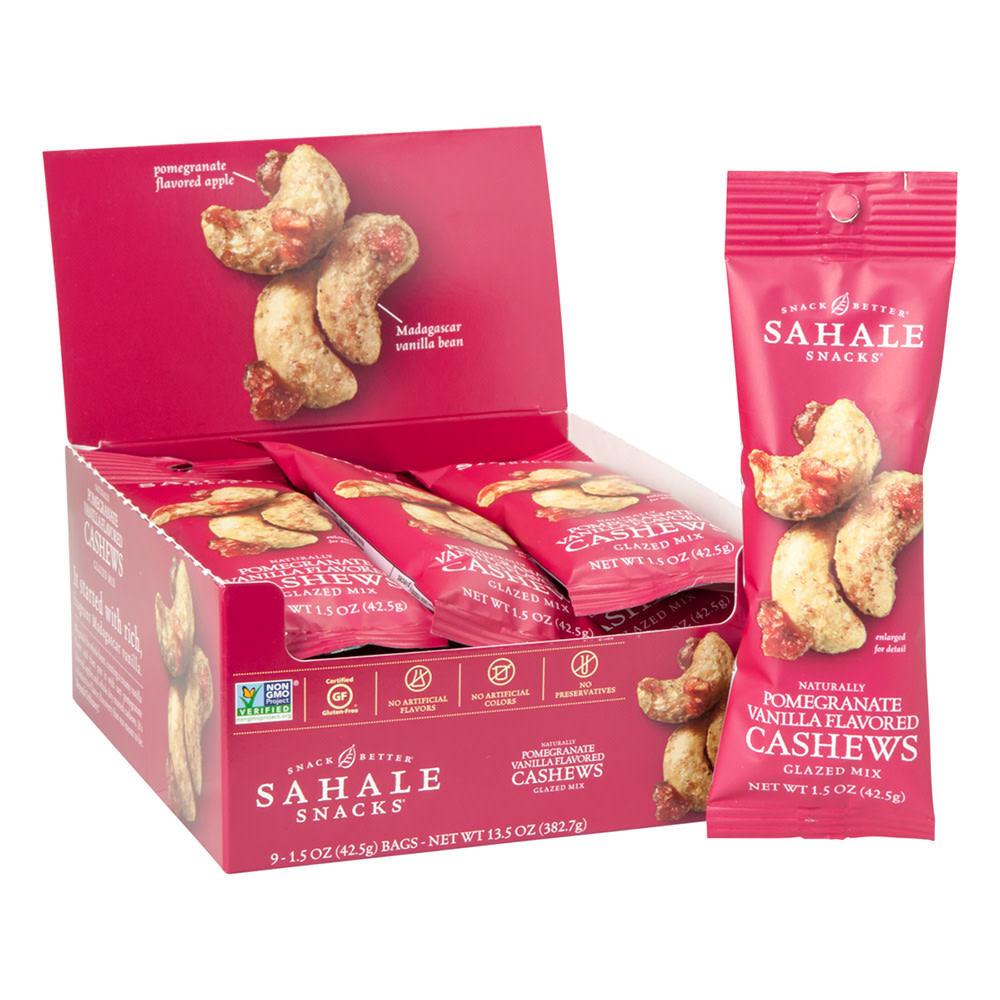 Sahale Pomegranate Vanilla Flavored Cashews 1.5 oz Bag | Nassau Candy