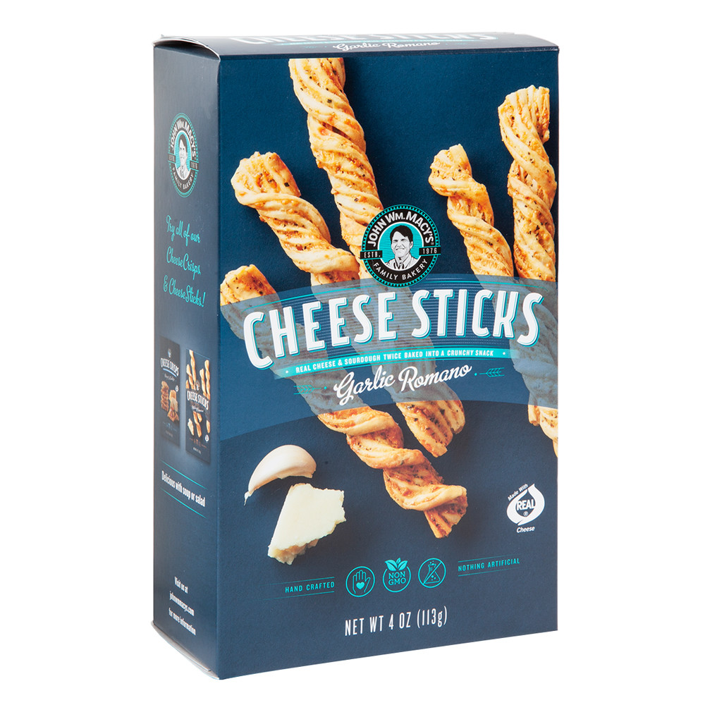 John Wm. Macy's Garlic Romano Cheesesticks 4 oz Box | Nassau Candy