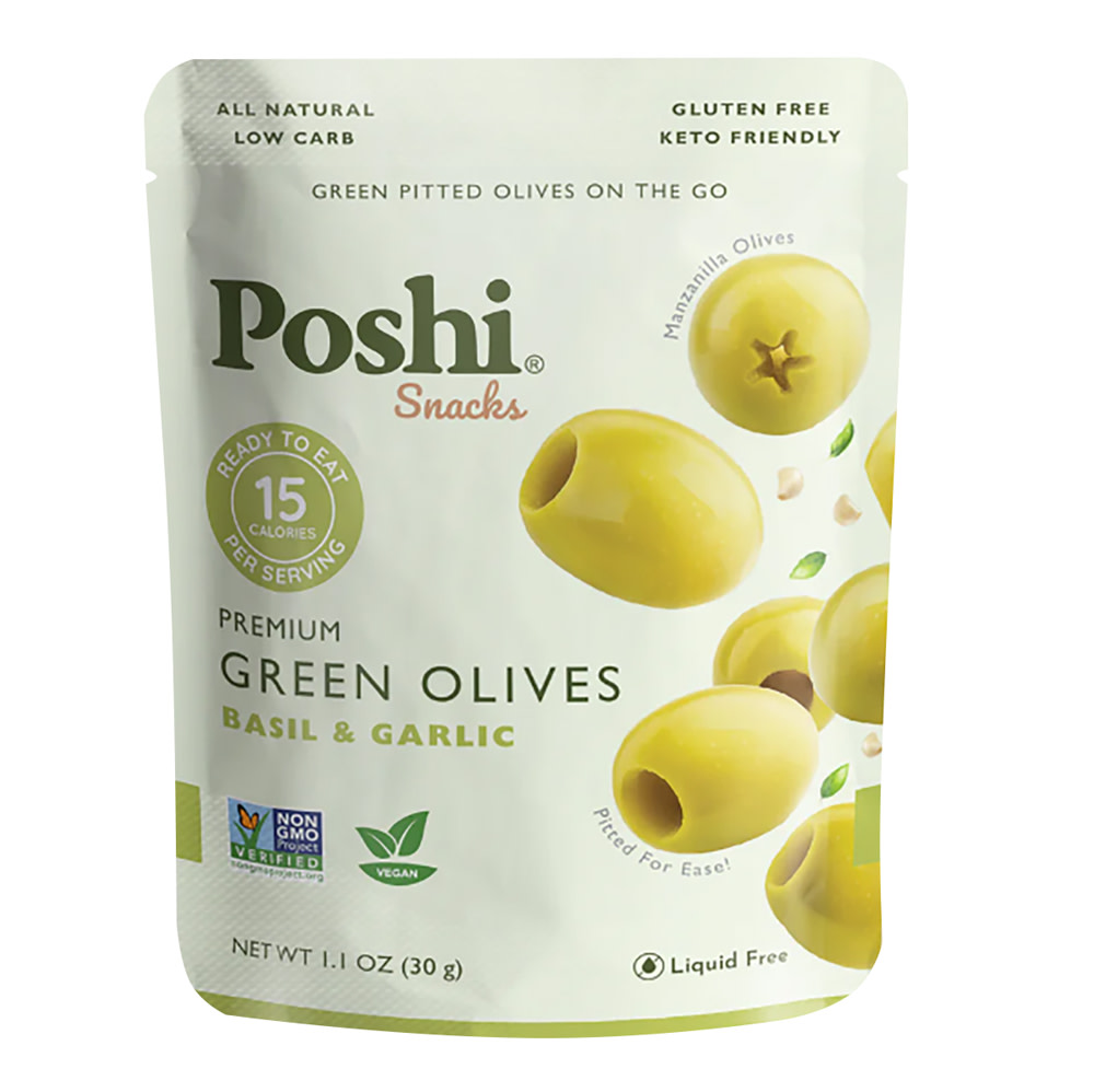 Oloves Pitted Green Olives Basil and Garlic 1.1 oz | Nassau Candy