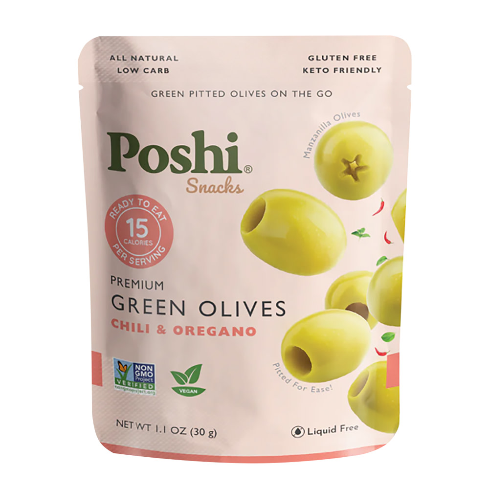 Oloves Pitted Green Olives Chili and Oregano Bag | Nassau Candy