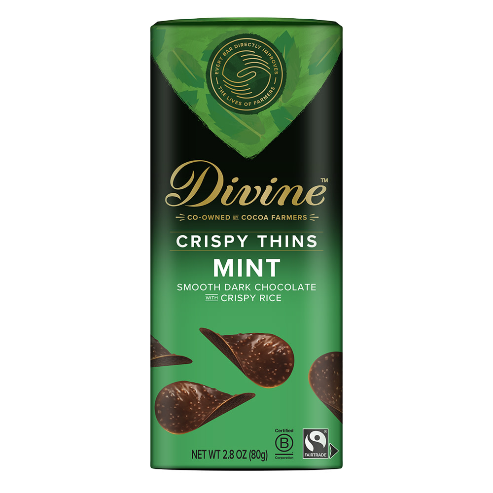 Divine Dark Chocolate With Mint Cripsy Thins 2.8 oz Box | Nassau Candy