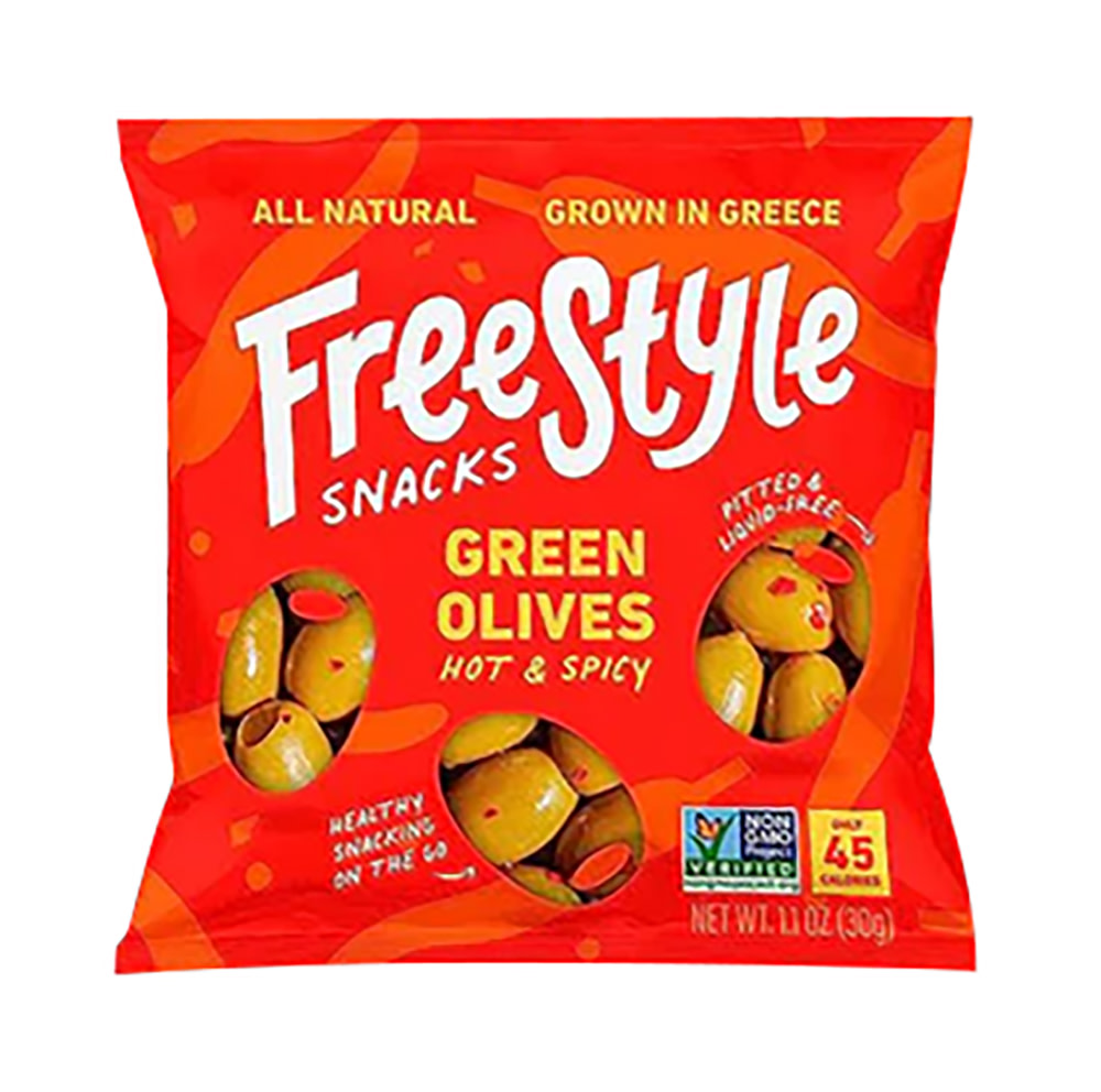 Freestyle Snacks Hot & Spicy Green Olive 1.1 oz Bag | Nassau Candy