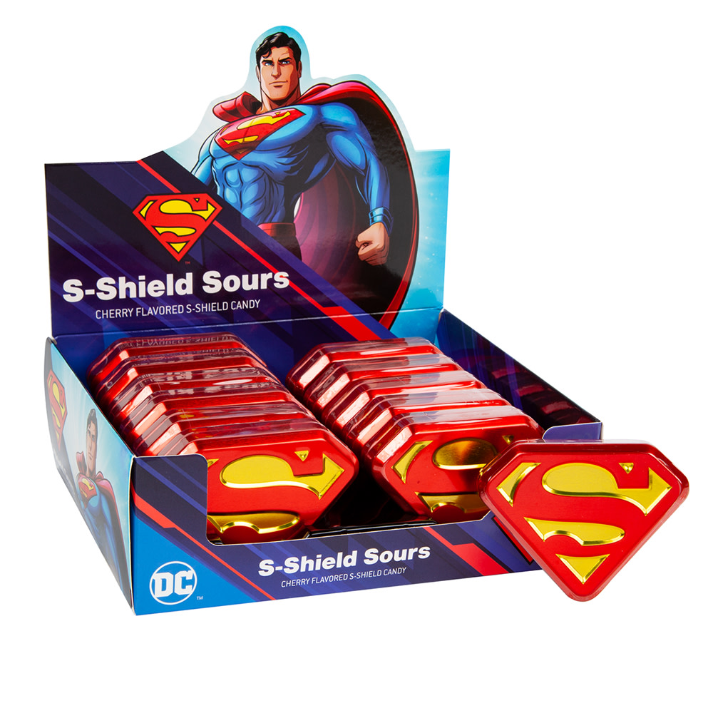 Superman Sour Cherry S-Shield Sours Candy 0.6 oz Tin | Nassau Candy