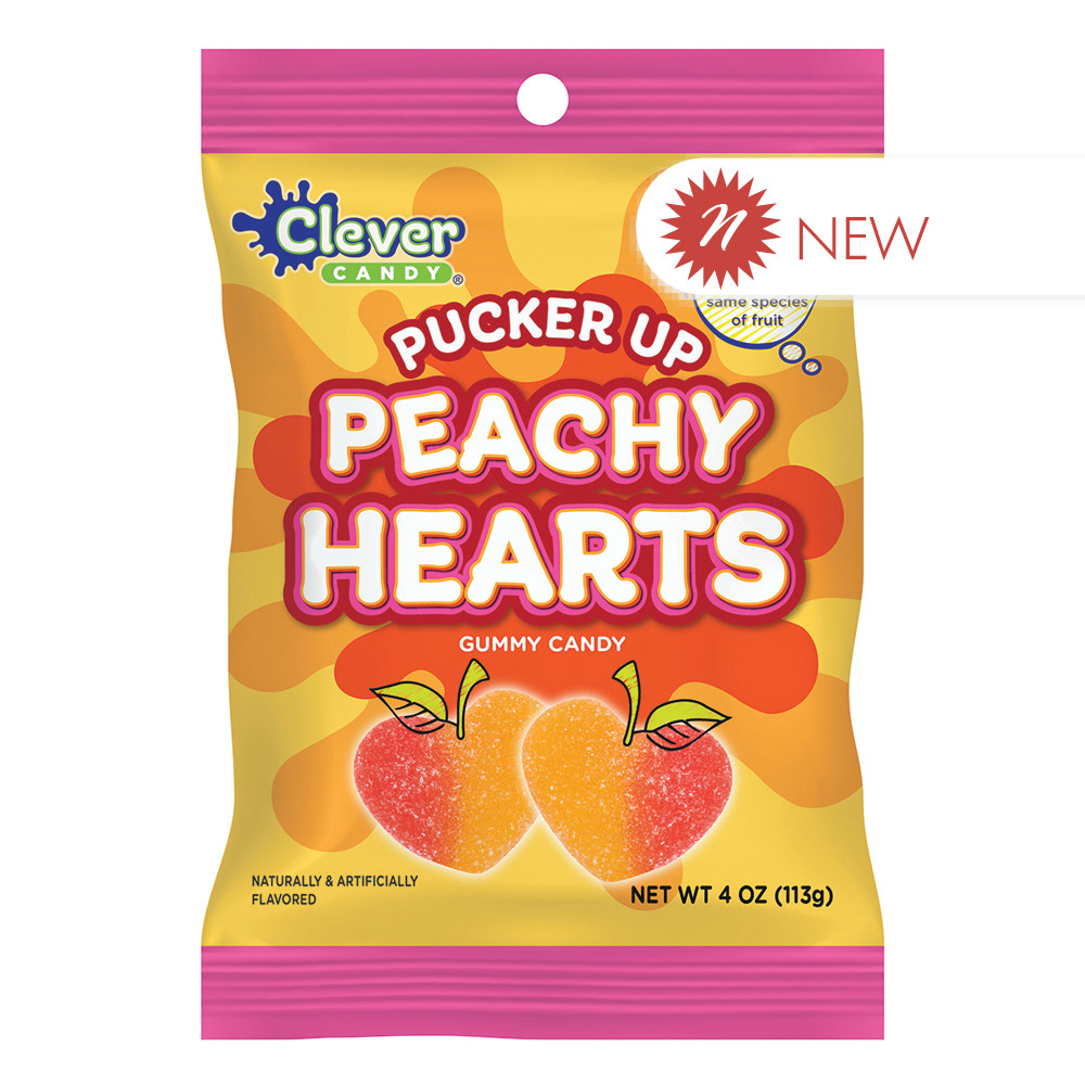 Clever Candy Pucker Up Peachy Hearts 4 oz Peg Bag | Nassau Candy