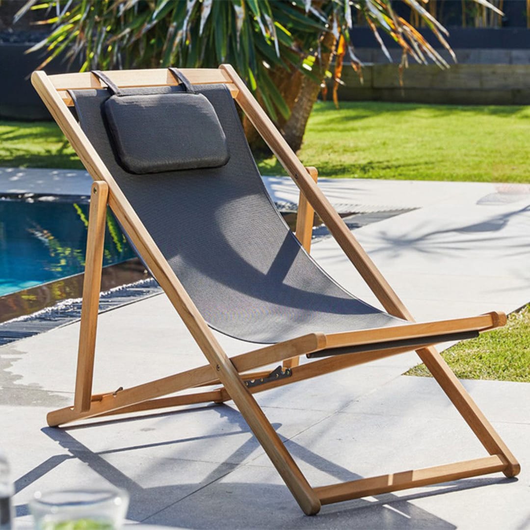 Chilienne pliante Newton - Bois Teck - Toile avec Têtière