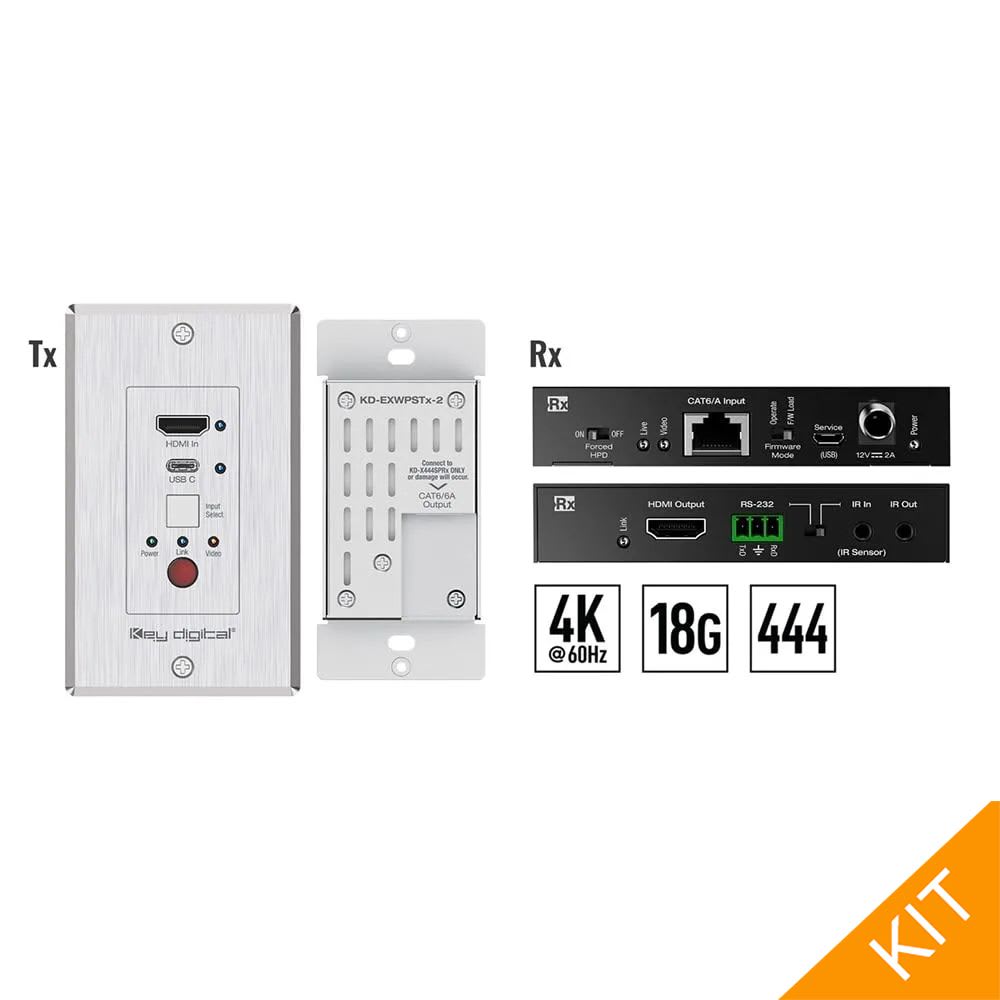 Key Digital KD-XWPS, HDMI USB-C over 50m CAT6 Wall Plate Extender Set NCMS