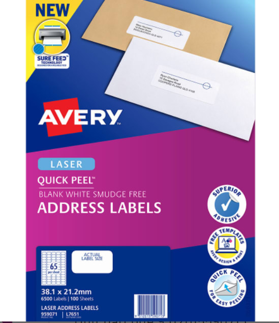 Avery Quick Peel Address Laser Labels L7651-100-38.1mm x 21.2mm-65 per ...