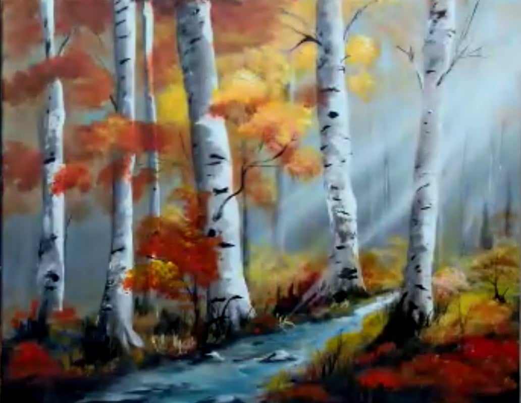 Birch Trees by the Stream - 16x20 Acrylic Fall Painting