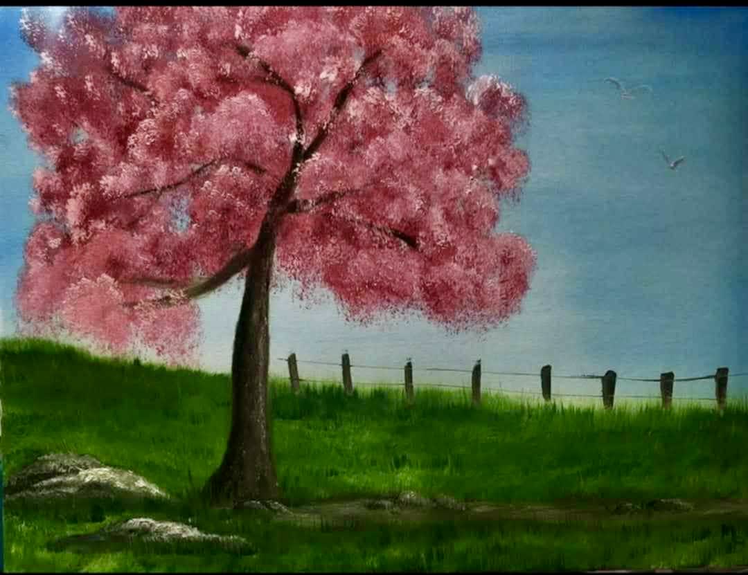 Bob Ross Cherry Blossom Oil Painting