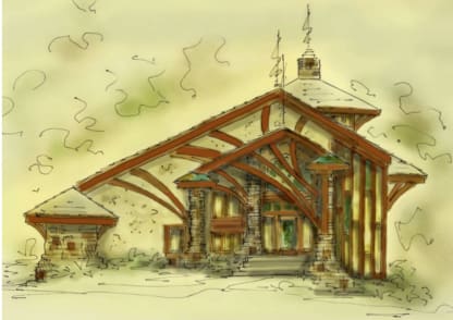 Rustic house plan with massive corbels