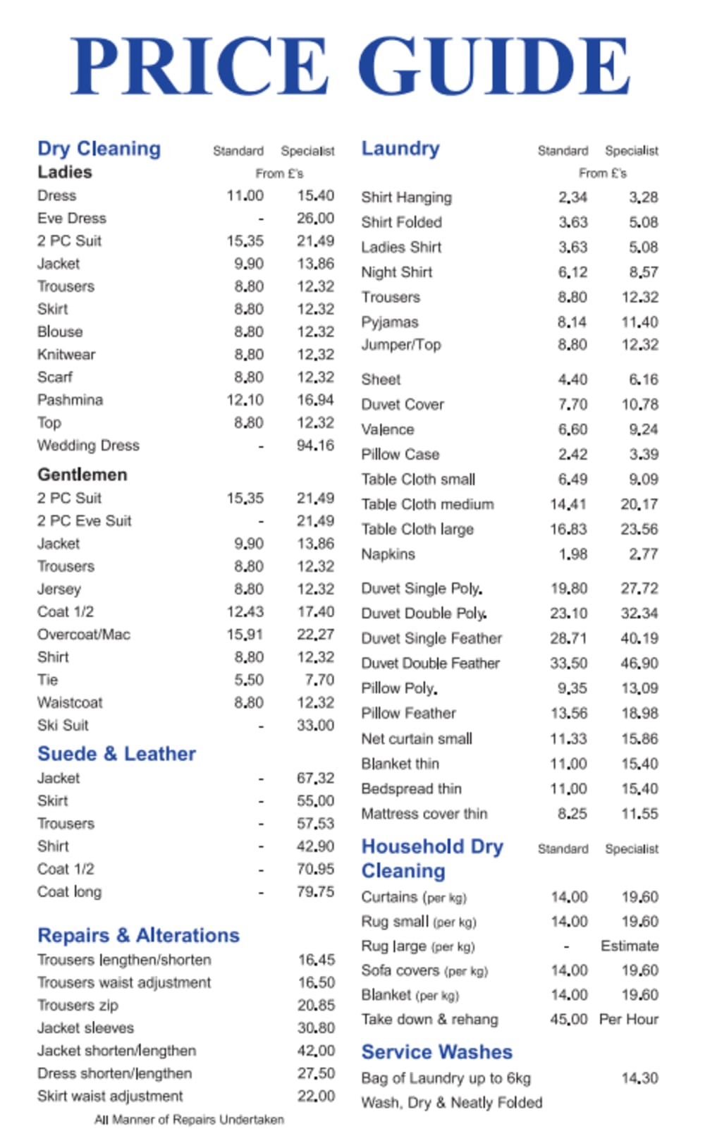 Dry Cleaning and Laundry Services Prices - 123 Cleaners