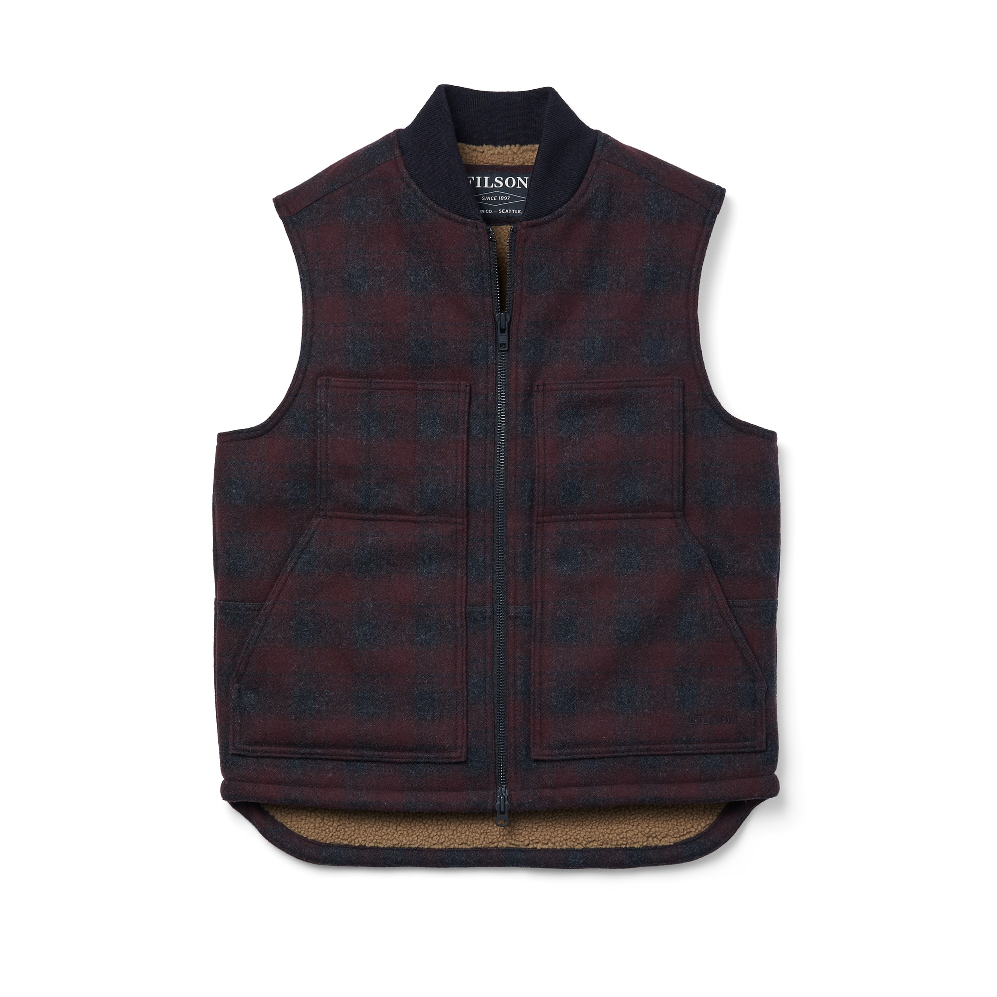 Filson Men's Lined Mackinaw Wool Work Vest - Maroon/charcoal Plaid - Small