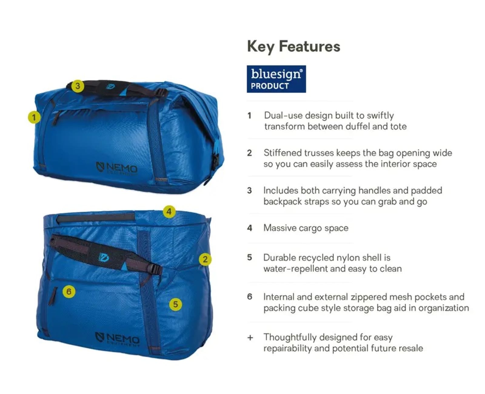 NEMO Double Haul Convertible Duffel - Lake - 70L