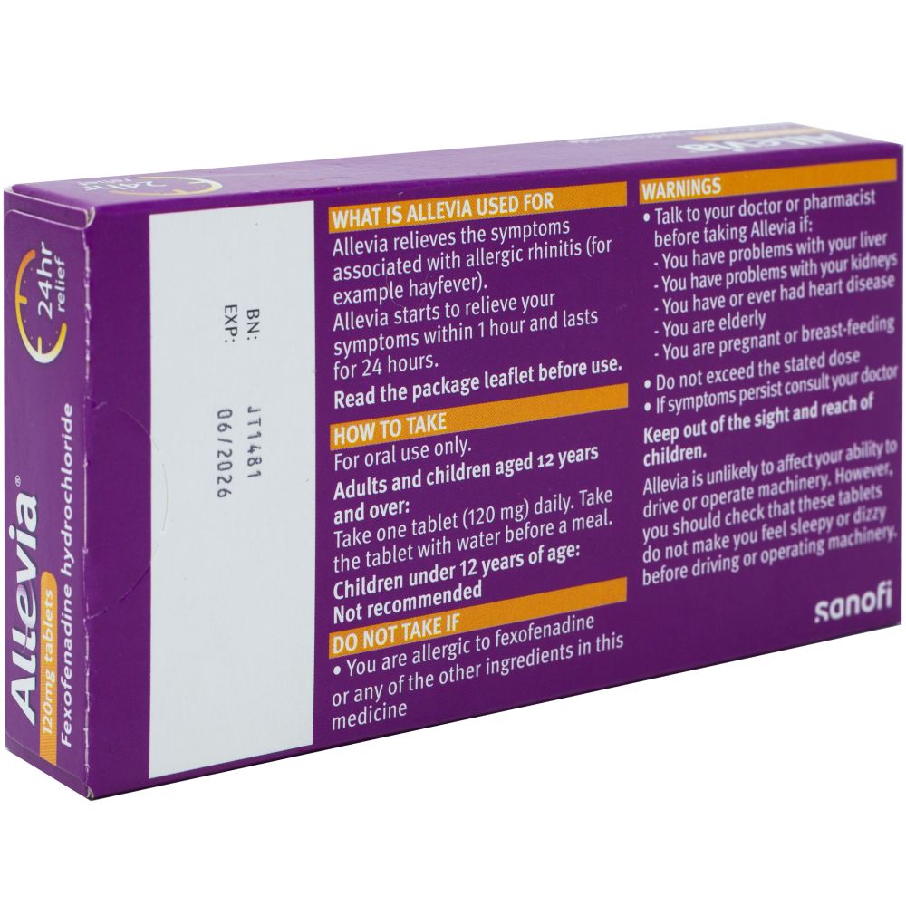 Allevia Fexofenadine 120mg tablets 15 pack hayfever relief